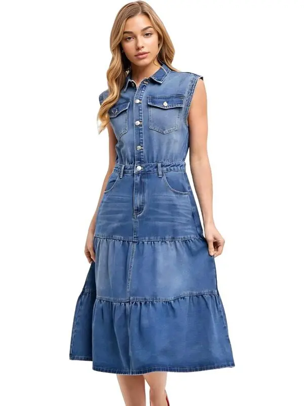 KNIT & LOUNGE Sleeveless Tiered Denim Midi Dress - Navy