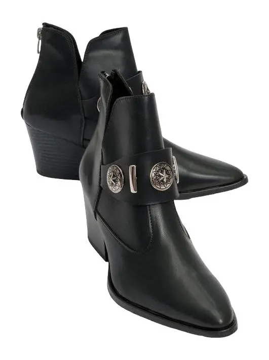 PROLOGUE SHOES Kenda Buckle Block Heel Boots - Black Faux Leather