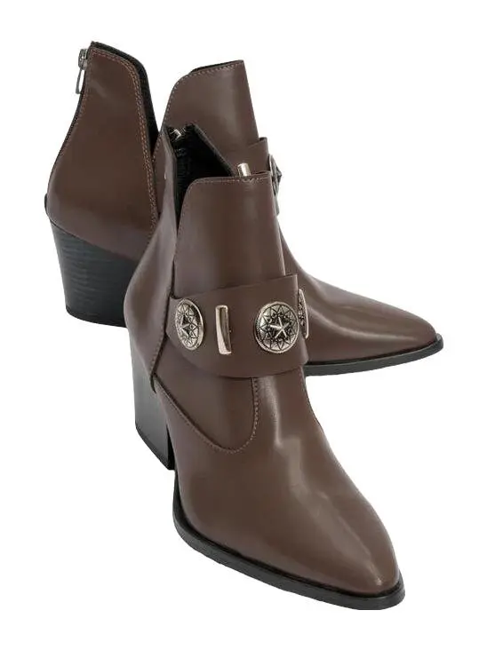 PROLOGUE SHOES Kenda Buckle Block Heel Boots - Brown Faux Leather
