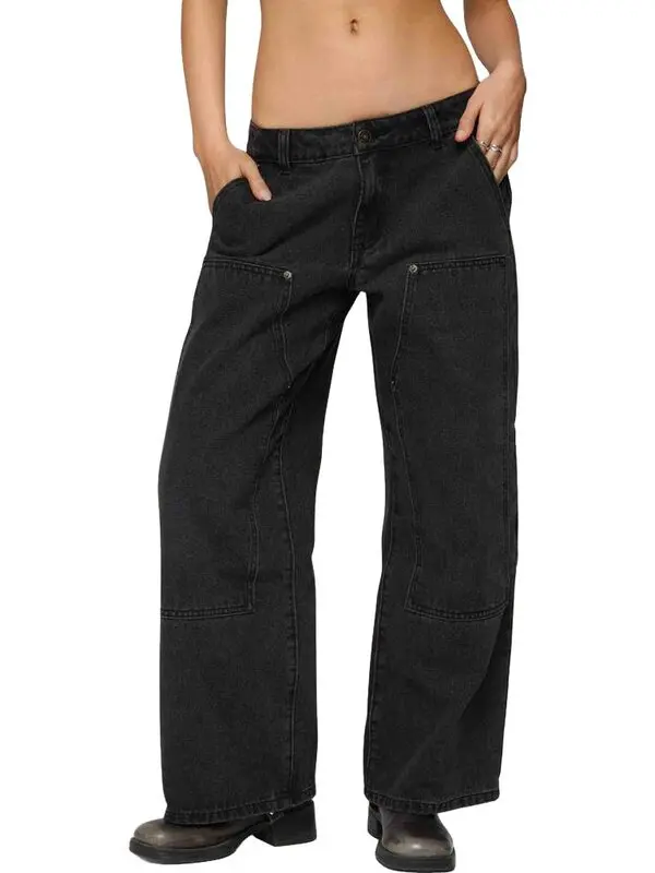 EDIKTED Ayla Low Rise Wide Leg Carpenter Jeans - Black-washed