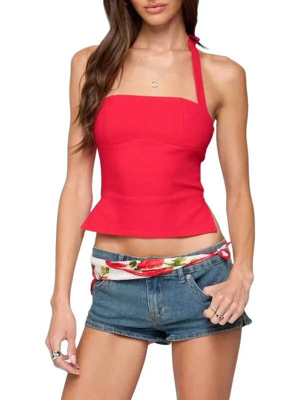 EDIKTED Halter Top With Side Slits - Red