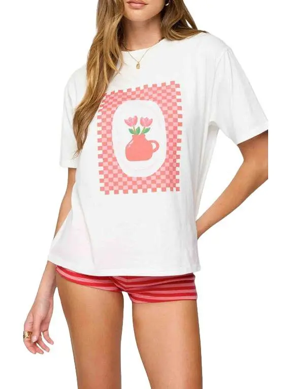 EDIKTED Flower Vase Graphic Oversized T-shirt - White