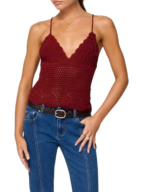 EDIKTED V-neck Crochet Top - Burgundy