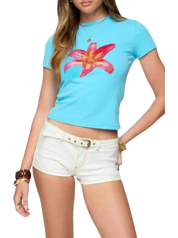 EDIKTED Daylily Graphic Baby Tee - Turquoise
