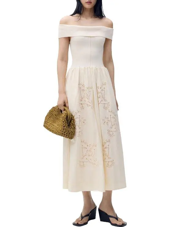Mango Floral Embroidered Mixed Media Maxi Dress - Beige