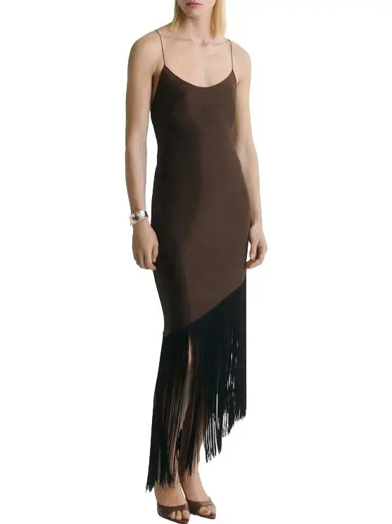 Mango Fringe Trim Asymmetric Satin Slipdress - Brown