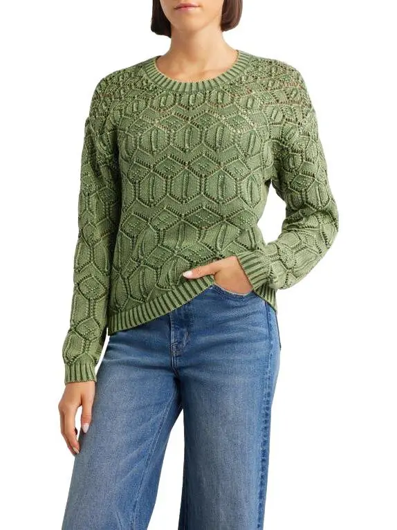CITY BLUES Distressed Wash Openwork Sweater - Olive