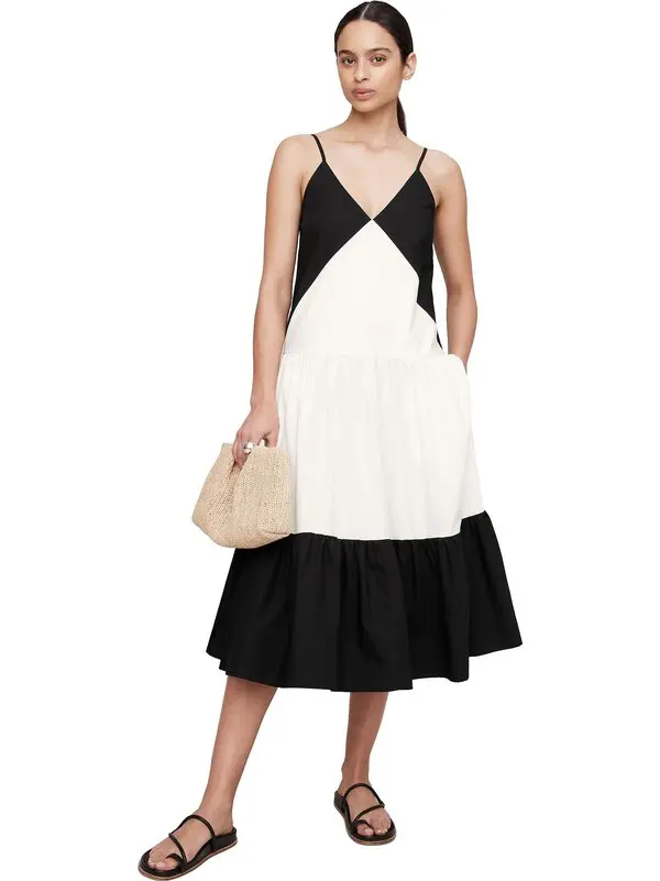 Banana Republic Cotton Poplin Tiered Midi Dress - Black & White