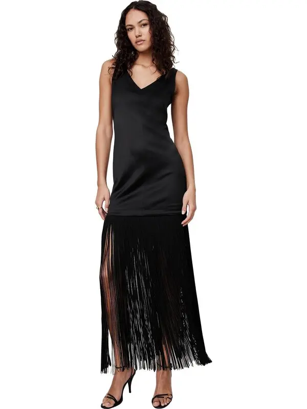 Banana Republic Fringe Stretch-satin V-neck Maxi Dress - Black
