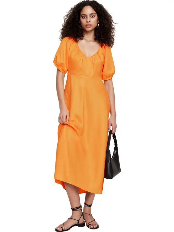 Banana Republic Viscose-linen Ruched Long Midi Dress - Clementine Orange
