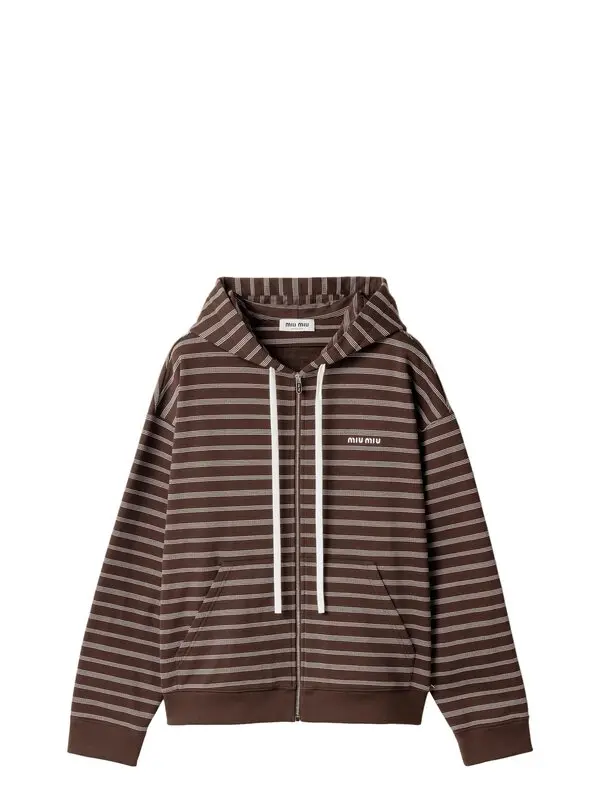 Miu Miu Striped Cotton Fleece Hoodie - Cocoa Brown/white