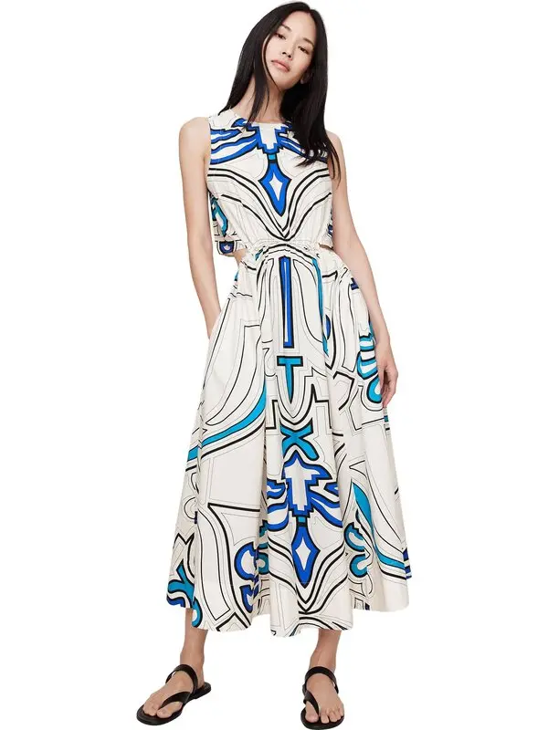 Banana Republic Cotton Poplin Cut-out Midi Dress - Blue & White Tile Print