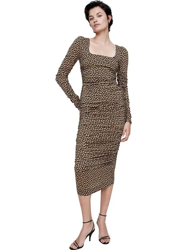 Banana Republic Crepe Ruched Midi Dress - Camel & Black Dot