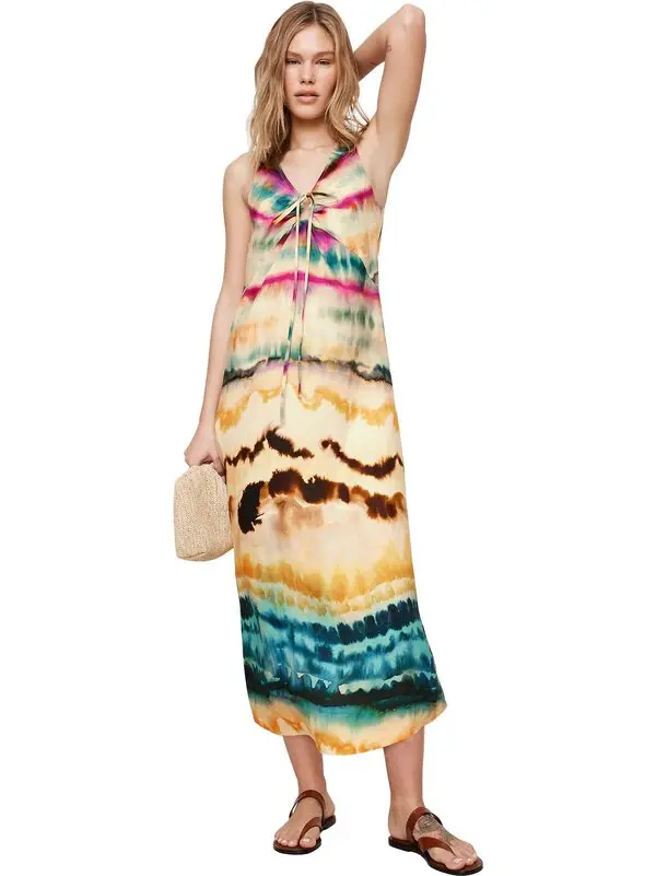 Banana Republic Linen Keyhole Midi Dress - Yellow Tie-dye Print