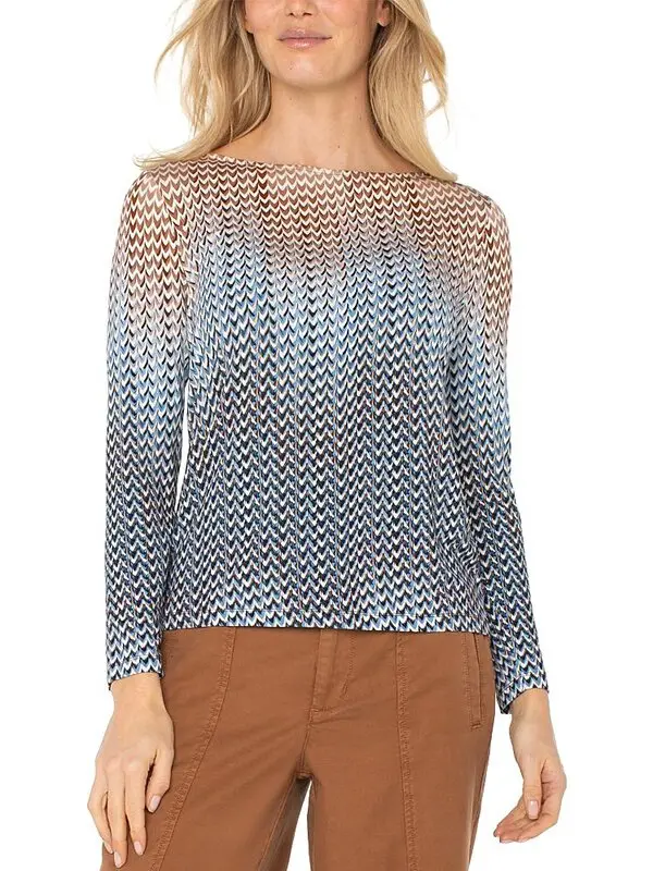 LIVERPOOL Boat Neck Long Sleeve Top - Blue Tan Multi