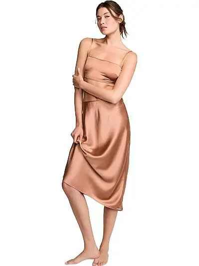 Victoria's Secret Luxe Satin Crop Bandeau Top & Slip Skirt Set - Brown