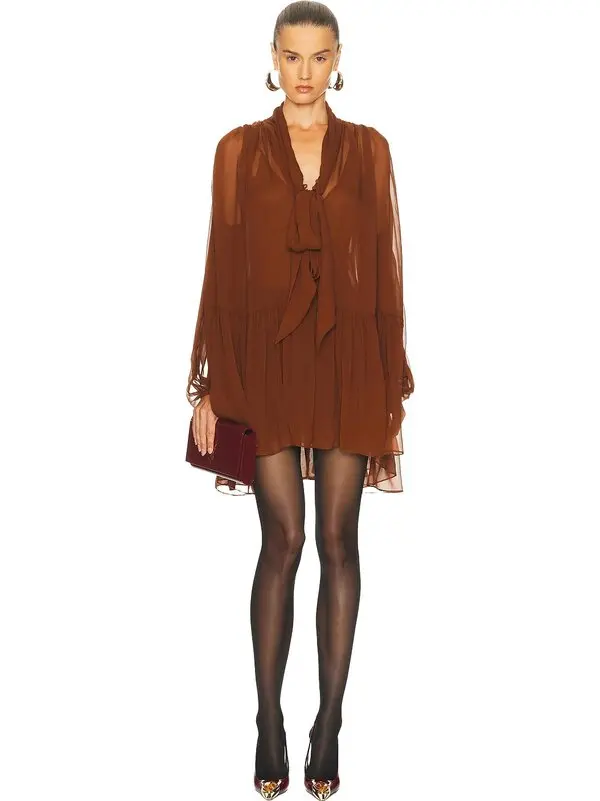 Saint Laurent Sheer Long Sleeve Mini Dress - Rouille