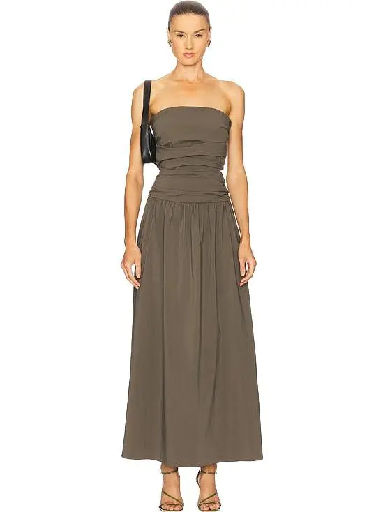 ST. AGNI Gathered Strapless Tie Back Dress - Khaki