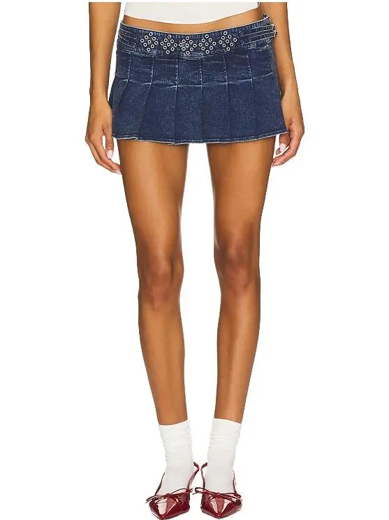 Miaou Reno Pleated Denim Mini Skirt - Indigo