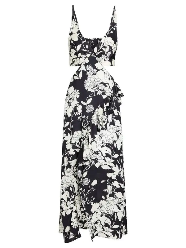 Maje Floral-print Satin Midi Dress With Cutout - Black
