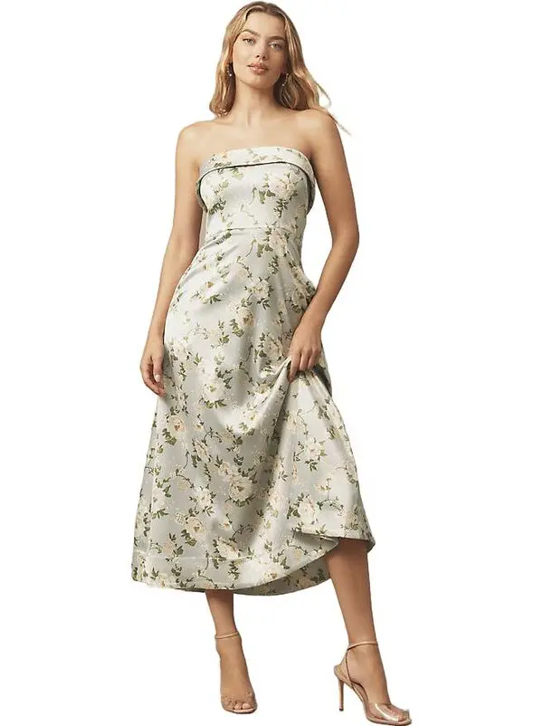 Bhldn Soma Strapless Stretch-satin Fit & Flare Midi Dress - Light Sage Green Peony Bouquet