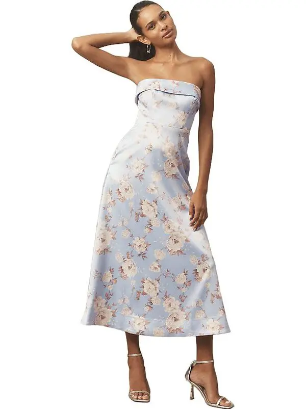 Bhldn Soma Strapless Stretch-satin Fit & Flare Midi Dress - Sky Bluepeonybouquet