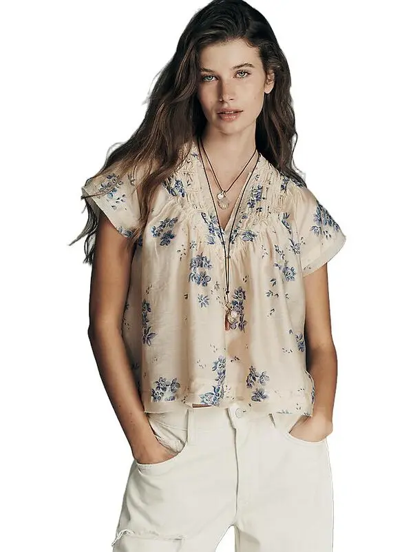 Anthropologie Smocked Yoke Blouse - Ivory &  Blue Floral
