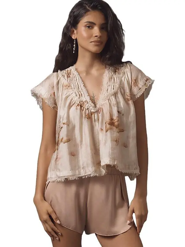 Anthropologie Smocked Yoke Blouse - Ivory Pattern