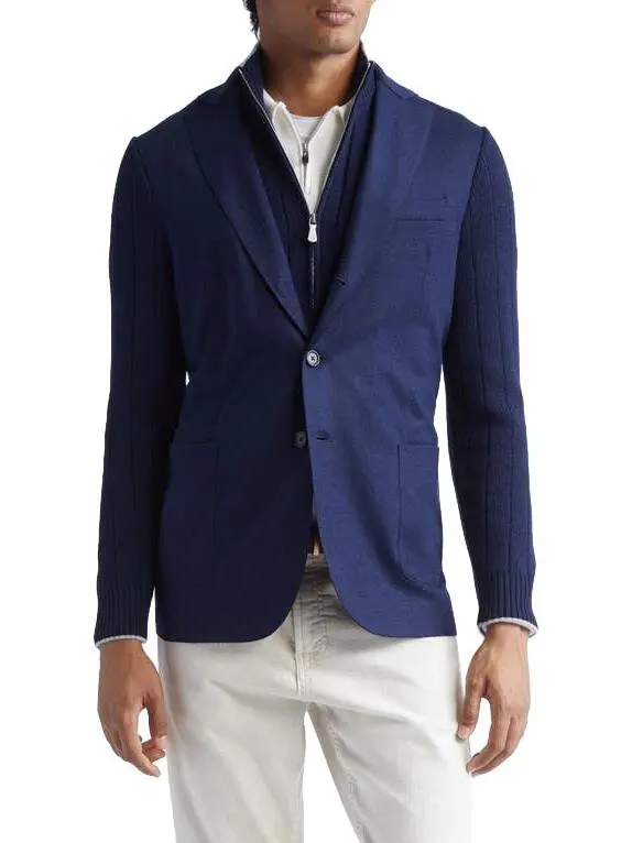 Eleventy Mixed Media Wool Blazer With Removable Bib - Navy Blue