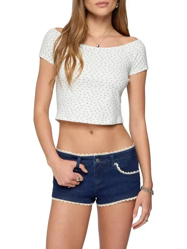 EDIKTED Floral Print Crop Top - White