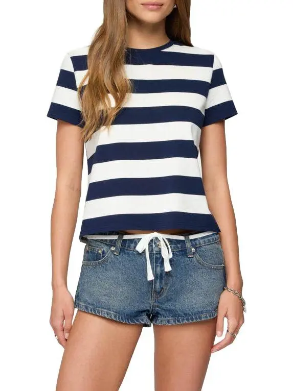 EDIKTED Striped Stretch Cotton T-shirt - Navy-and-white