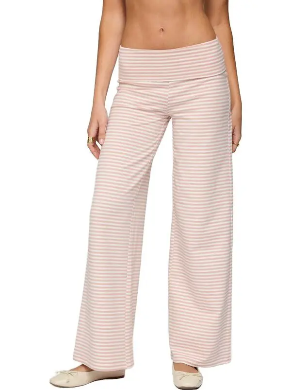 EDIKTED Striped Foldover Wide Leg Pants - Pink-and-white