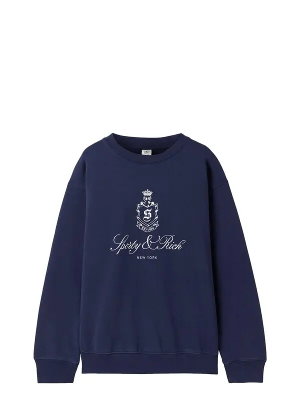 SPORTY & RICH Vendome Embroidered Cotton-jersey Sweatshirt - Blue