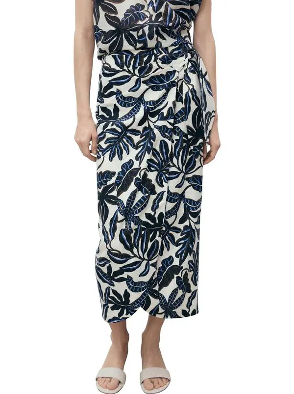 Mango Printed Linen-blend Faux Wrap Midi Skirt - Ecru