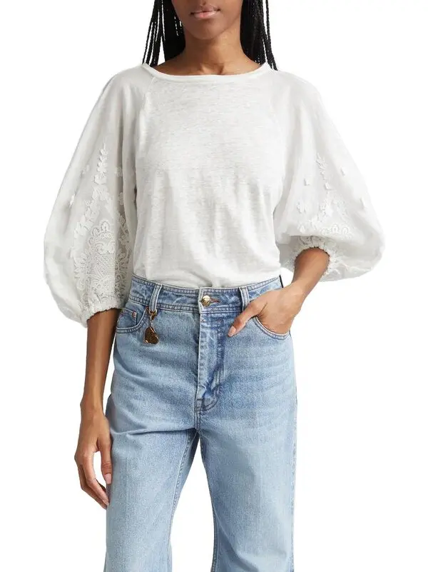Zimmermann Lace Appliqué Linen T-shirt - Ivory