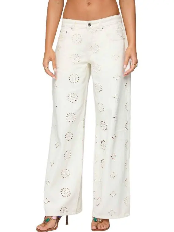 EDIKTED Eyelet Embroidered Wide Leg Jeans - White