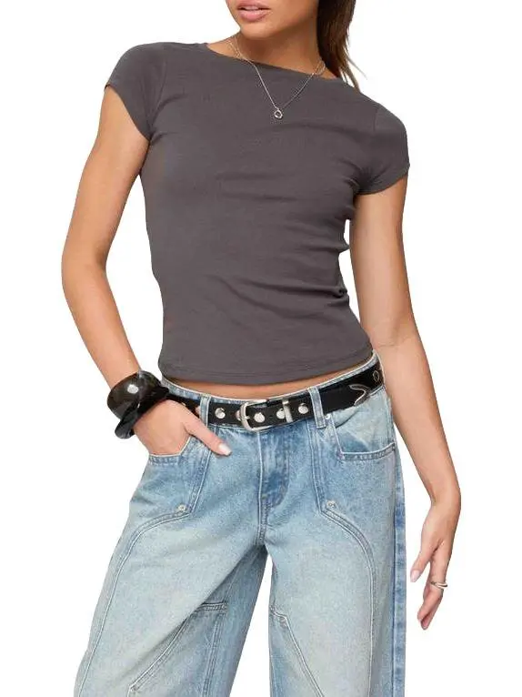 EDIKTED Oliana Rib Boat Neck T-shirt - Dark-gray