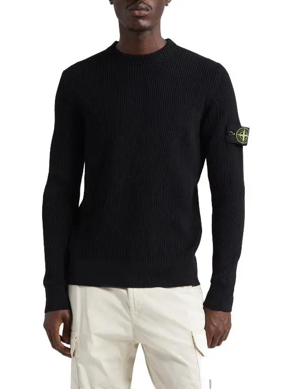 Stone Island Compass Patch Rib Virgin Wool Crewneck Sweater - V0029 Black