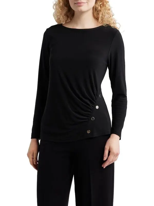 Anne Klein Asymmetric Ruched Top With Rivet Accent - Anne Black