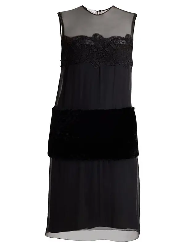 FERRAGAMO Silk Chiffon Velvet Panel Midi Dress - Nero