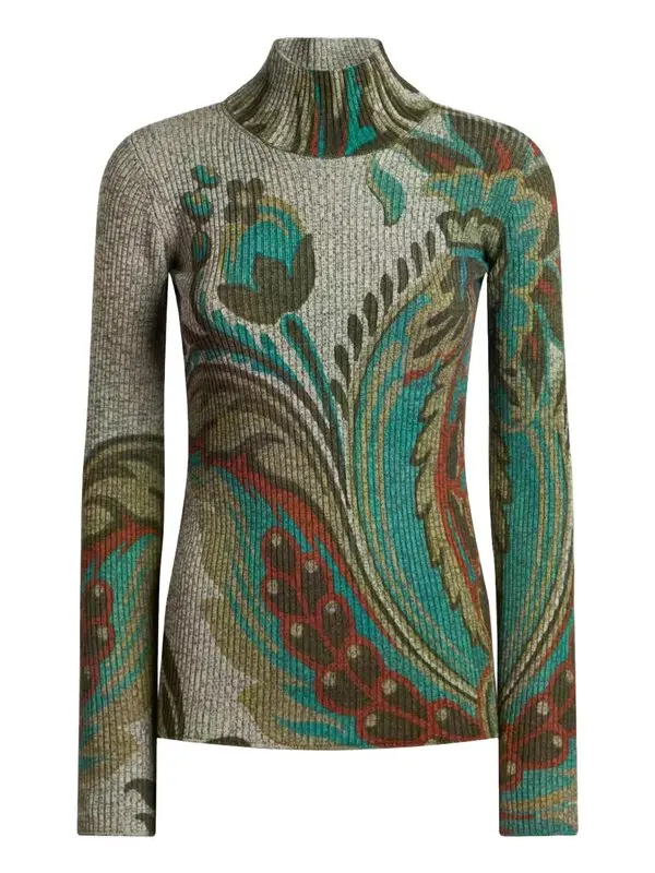 Etro Ribbed Paisley-print Turtleneck Sweater - Grey