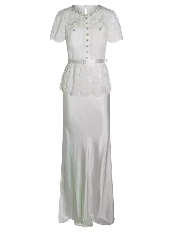 SELF-PORTRAIT Embellished Peplum Lace Maxi Dress - White