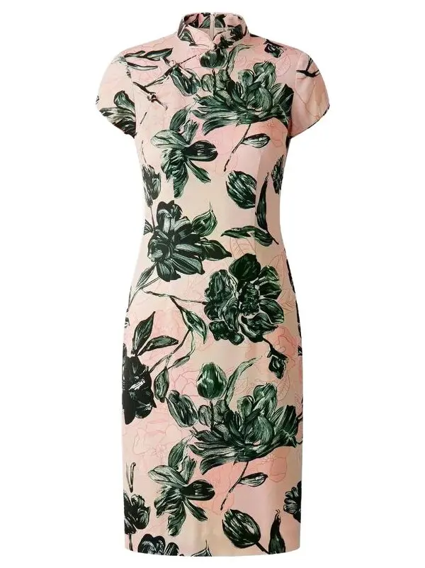 Shanghai Tang Rose-print Mock-neck Midi Dress - Pink