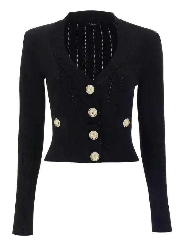 Balmain Ribbed Knit Cardigan With Gold-tone Buttons - Black