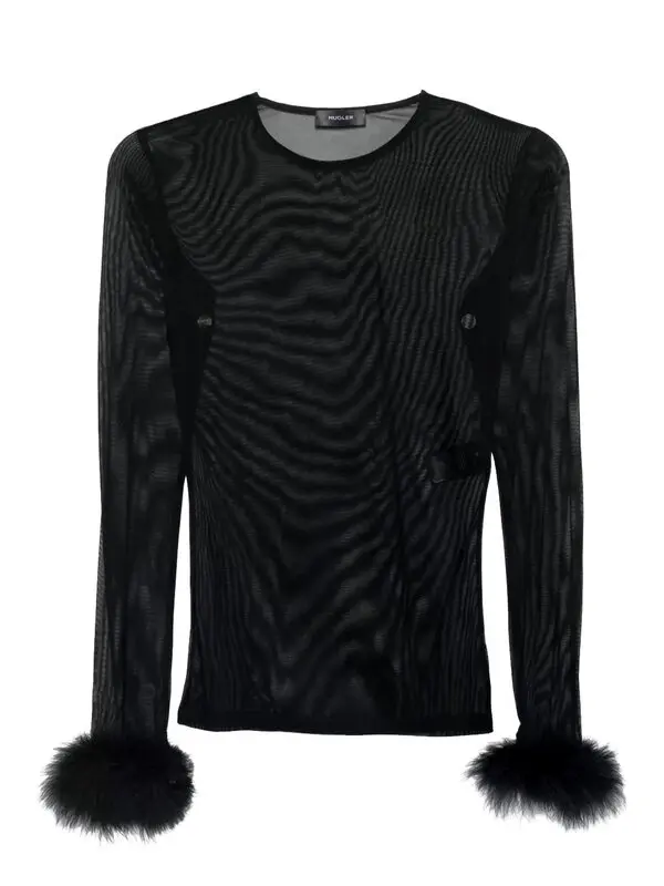 MUGLER Feather-cuff Mesh Top - Black