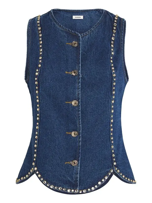 Sandro Embellished Denim Top - Blue