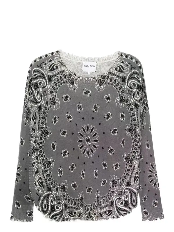 KUJTEN Paisley-print Frayed-edge Sweater - Grey