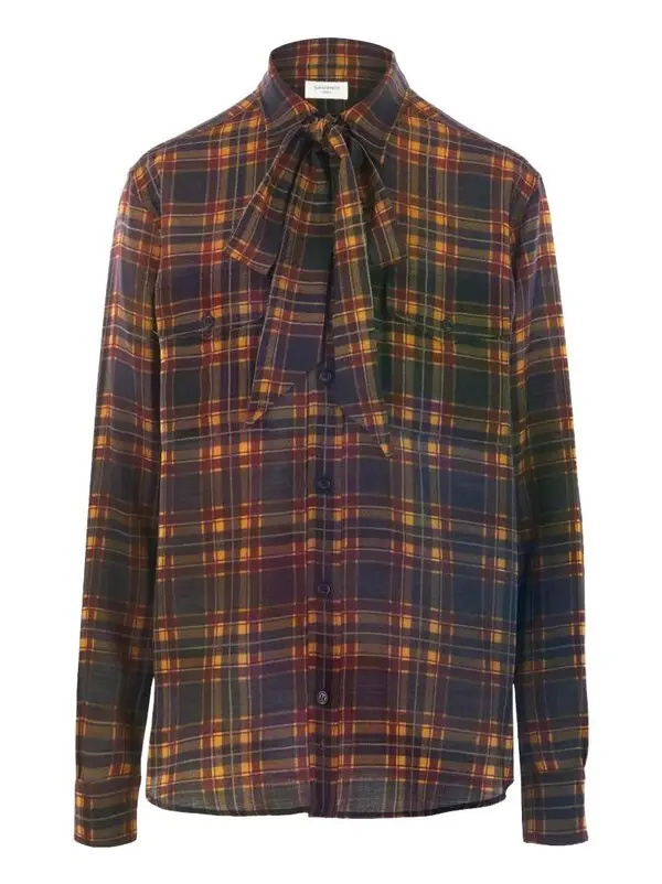 Saint Laurent Check-pattern Tie-neck Shirt - Brown