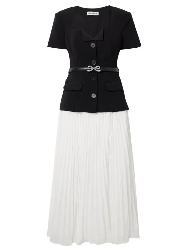 SELF-PORTRAIT Embellished Belted Crepe And Pleated Chiffon Midi Dress - Black
