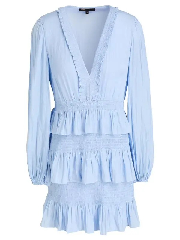 Maje Tiered Crepe De Chine Mini Dress - Light Blue
